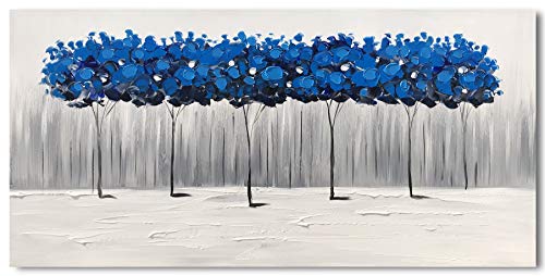 Yihui Arts Landscape Painting Abstract Tree Canvas Art Handpainted Indigo Blue Forest Pictures Artwork for Living Room Bedroom Wall Decor (20Wx40L)