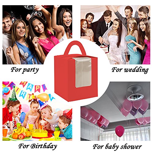 Walk Arrive Cupcake Box Clear Display Window with Strong Handle and Secure Insert Cake Box Bakery Box Cupcake Carrier Cupcake Holder Container for Baby Shower Wedding Birthday Festival Party (10, Red)