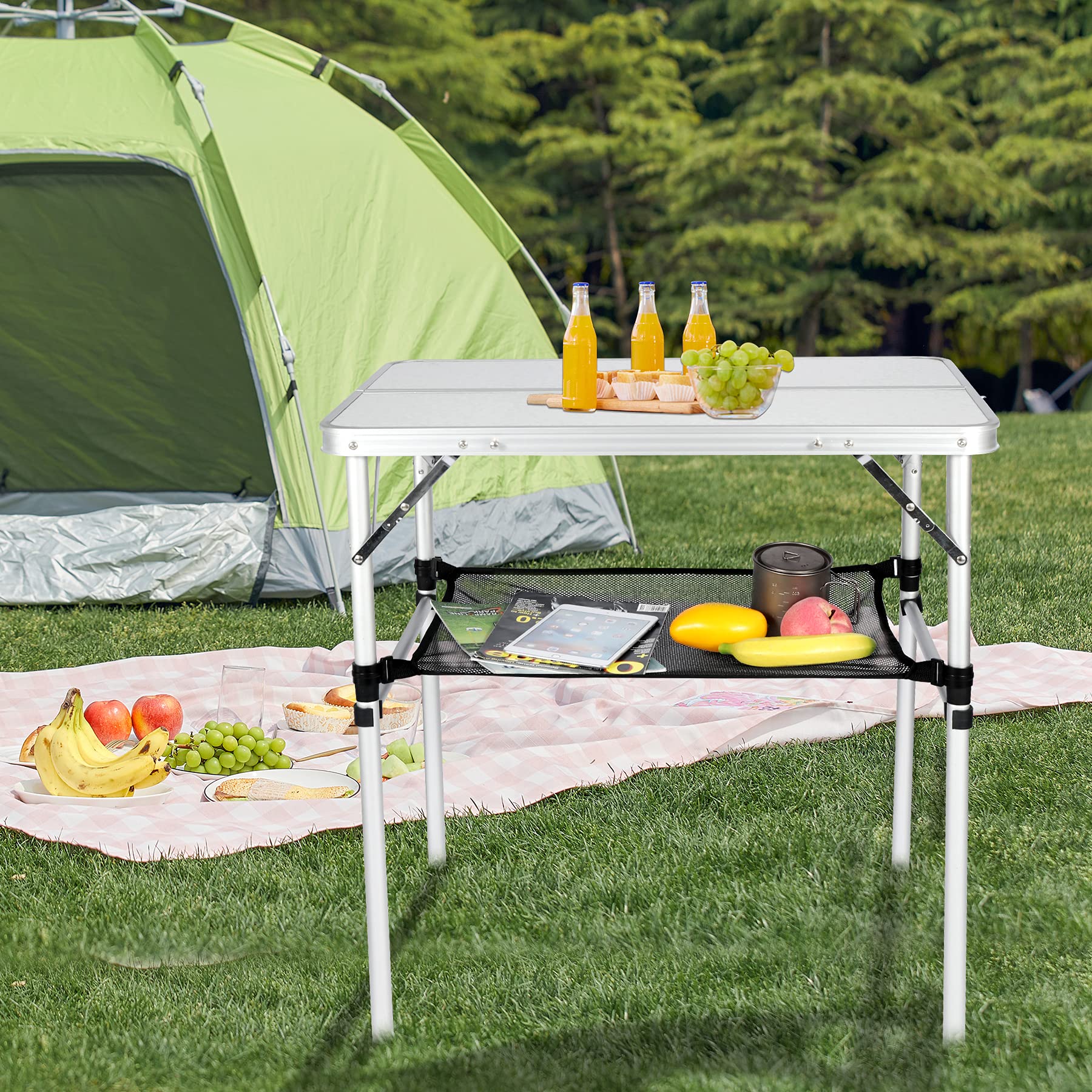 REDCAMP 2.5 Foot Folding Table Adjustable Height with Mesh Storage Organizer, Lightweight Portable Camping Table for Picnic Cooking Outdoor Indoor, White 29.5 x 19inche