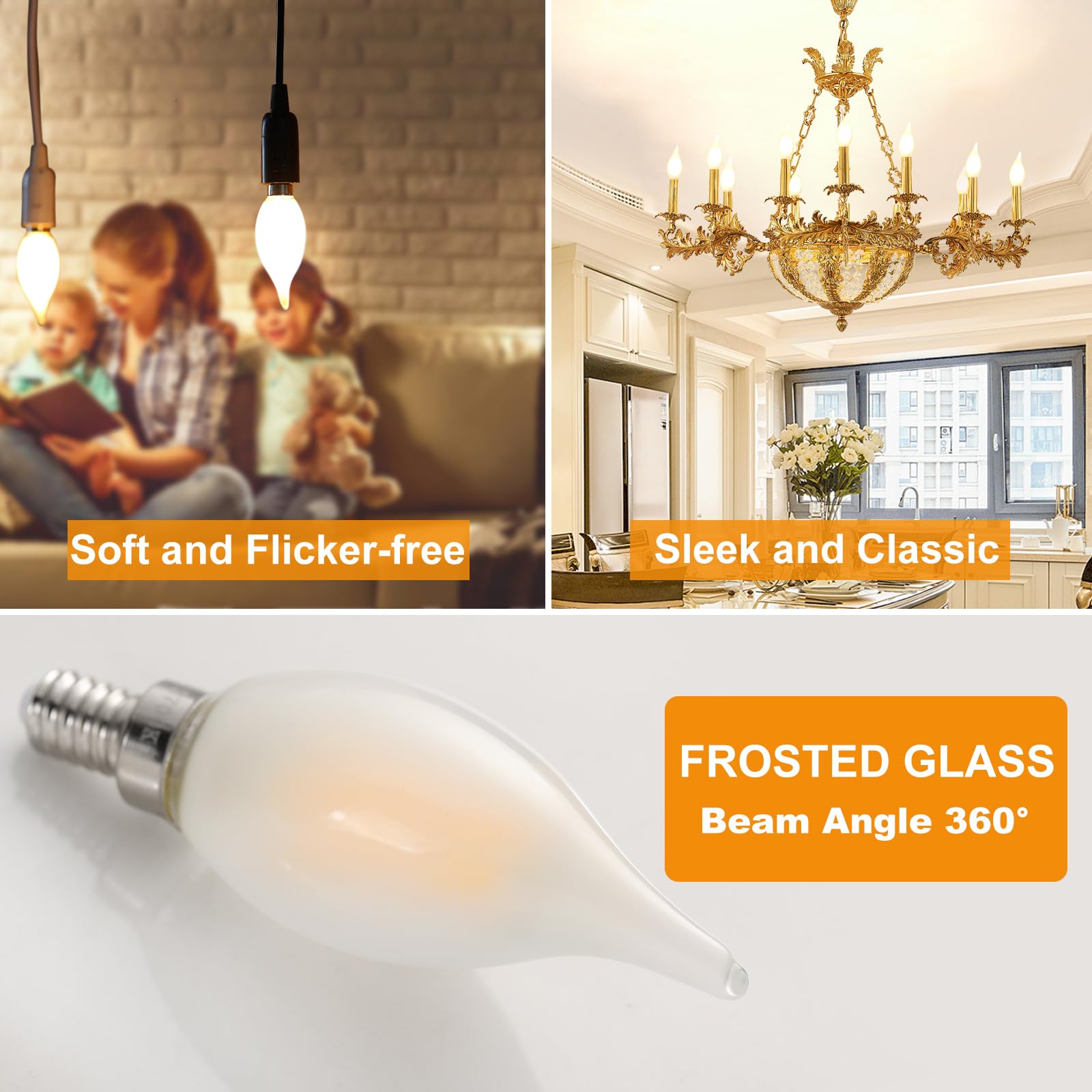 Decoaui E12 LED Chandelier Light Bulbs, 4W(40w Equivalent) Dimmable C11 Frosted Glass, 450 Lumens, 2700K Soft White, Candle Shaped, Ideal for Candelabras Open Fixtures, 12-Pack