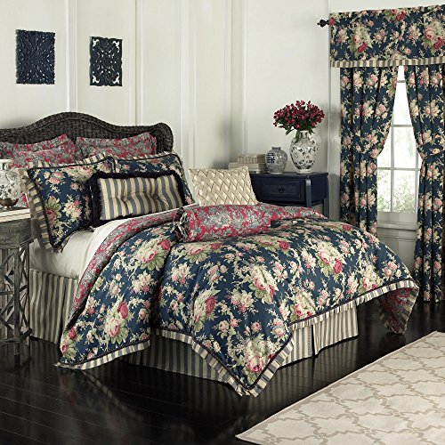 Waverly Sanctuary Rose Modern Farmhouse Floral 4-Piece Reversible Comforter Set, Queen, Heritage Blue