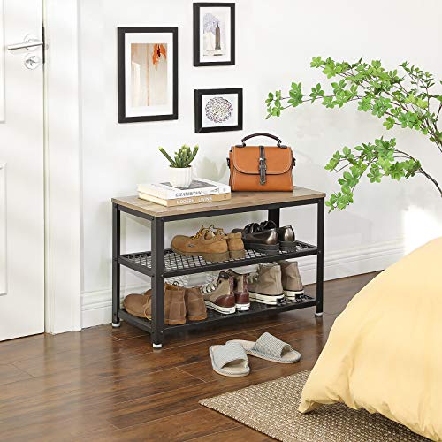 VASAGLE Shoe Bench, 3-Tier Shoe Rack, 11.8 x 28.7 x 17.7 Inches Shoe Shelf Storage Bench with Metal Mesh Shelves and Seat, Free Standing Shoe Organizer for Entryway, Greige and Black