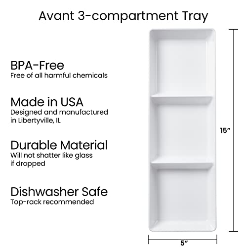 US Acrylic Avant White Plastic Divided Serving Trays (Set of 4) 15β x 5β | Narrow Reusable 3-Section Party Platters | Serve Appetizers, Fruit, Veggies, & Desserts | BPA-Free & Made in USA