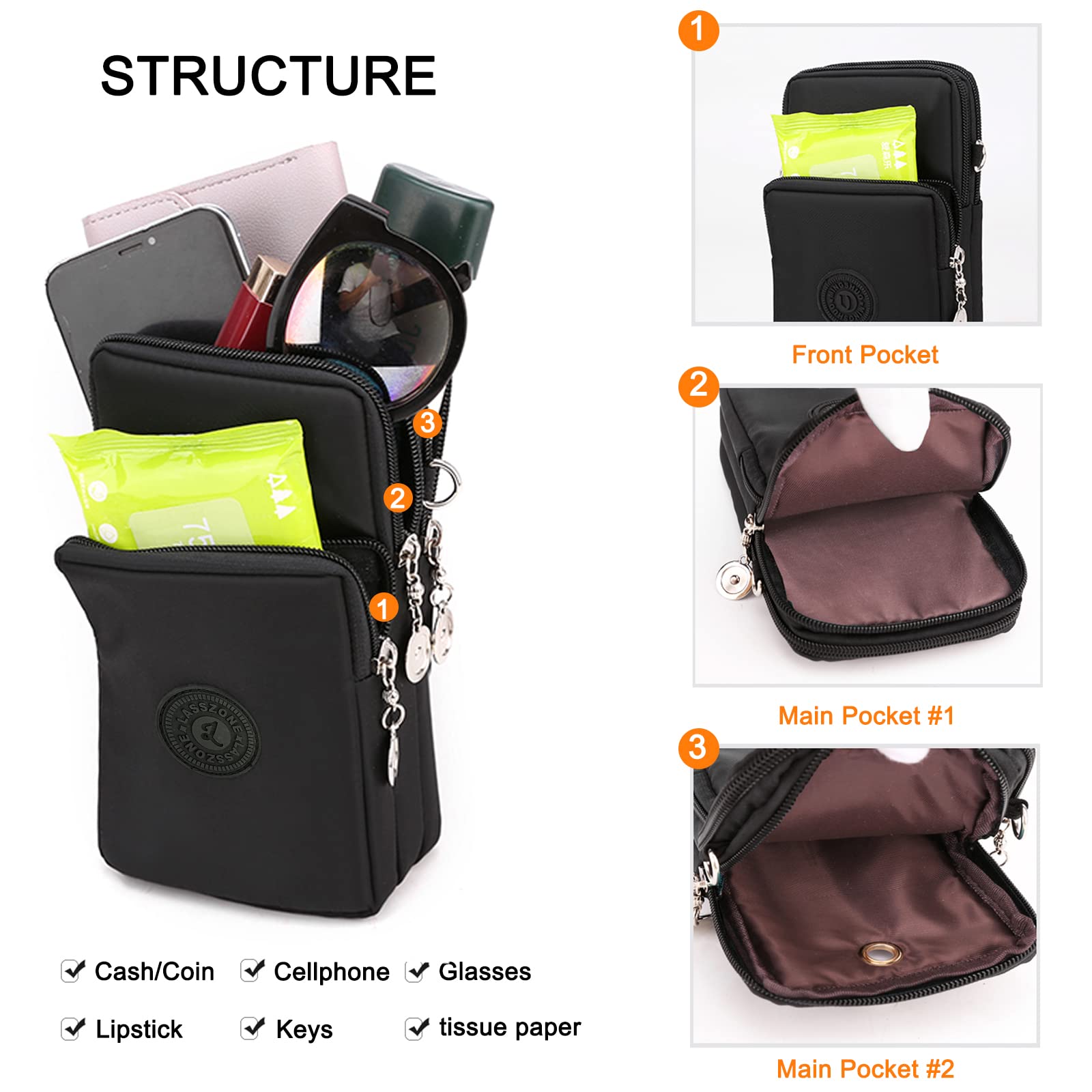LassZone Women Crossbody Phone Bag Zipper Waterproof Nylon Wallet Cellphone Purse Ladies Shoulder Bag Wristlet Handbag