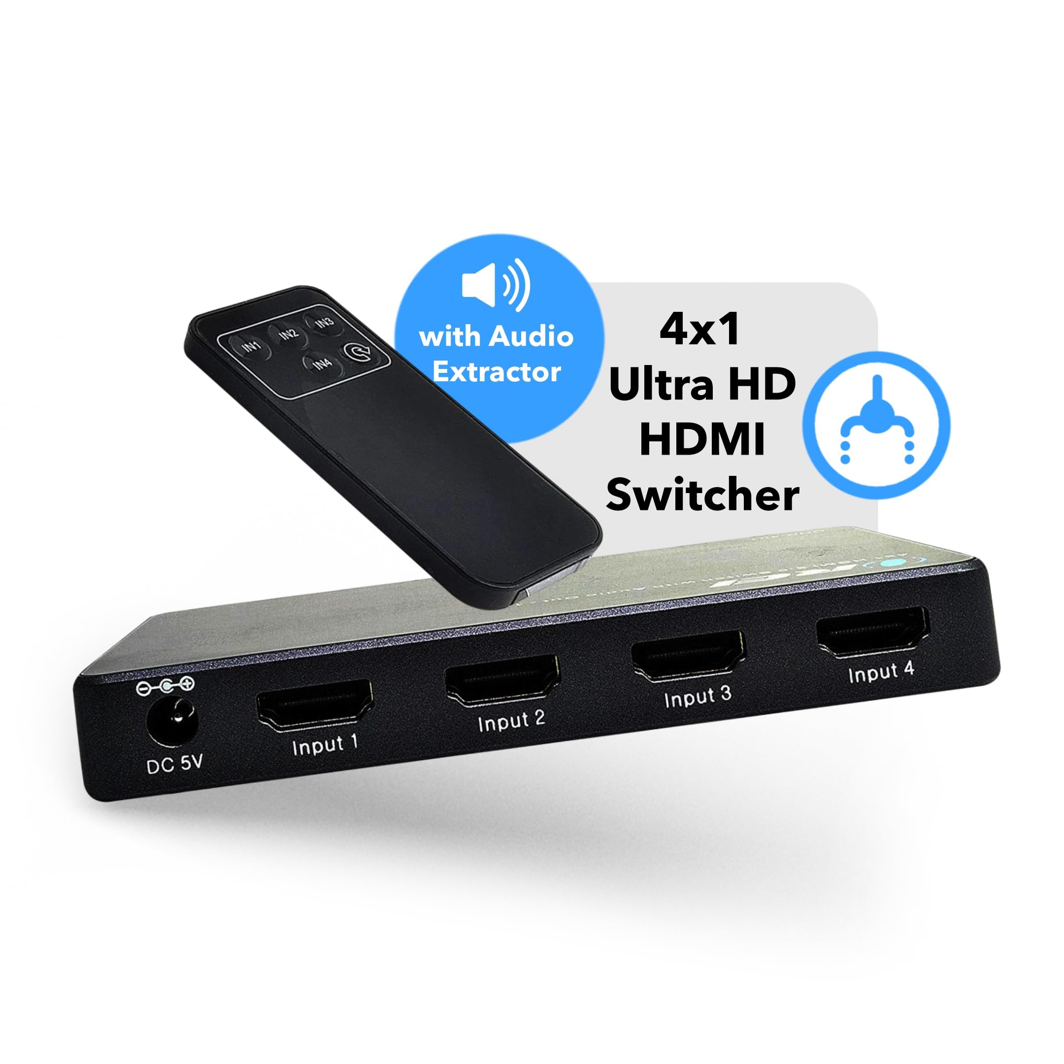 OREI Ultra HD HDMI 4 x 1 Switcher 18G Audio Extractor IR Remote - Supports Upto 4K @ 60Hz - (4 Input, 1 Output) Switch, Hub, Port for Cable, HD TV, Laptop, MacBook & More (UHD-401)