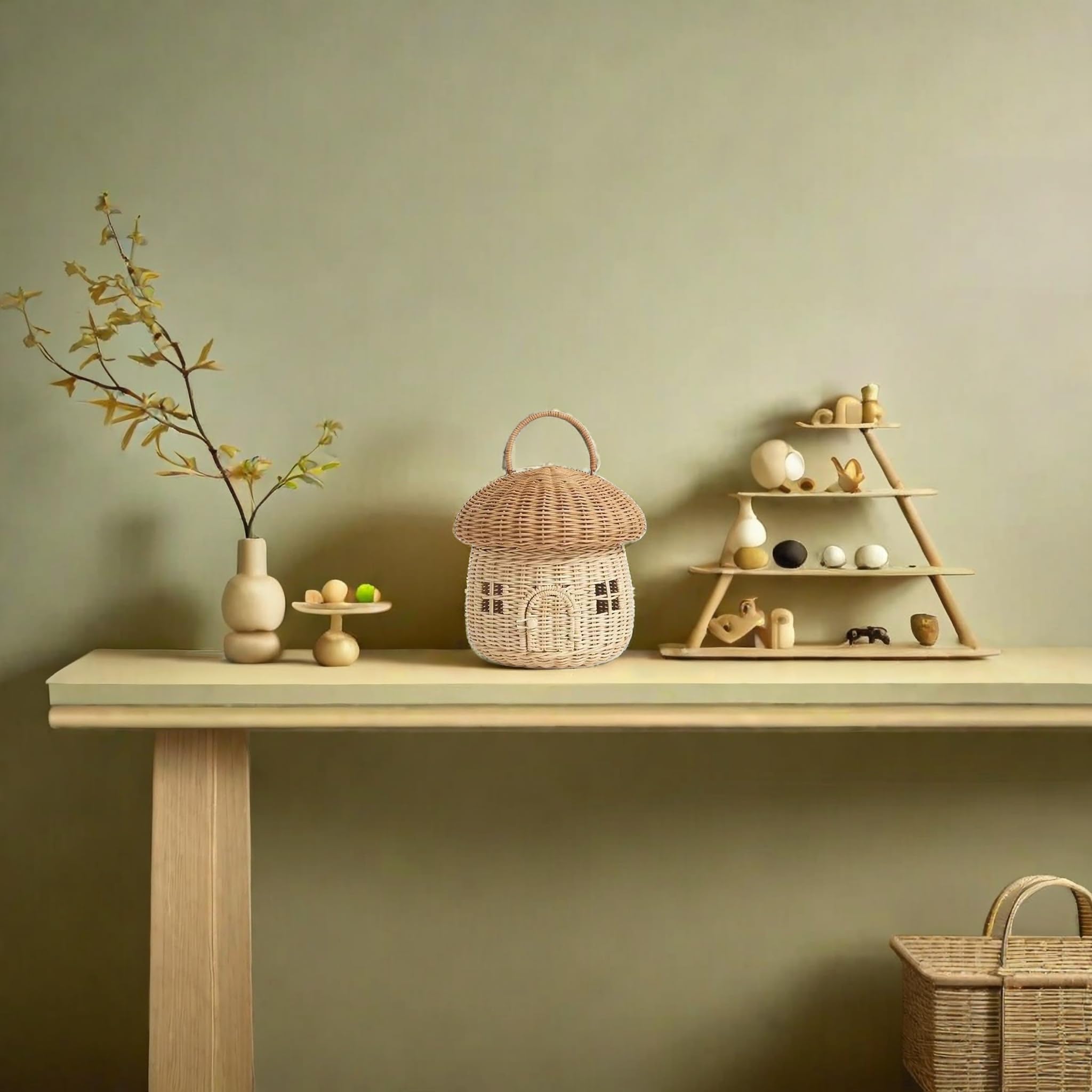 Wnvivi Mushroom Shape Rattan Storage Basket,Hand Woven Wicker Storage Bin with Handle and Lid,Cute Mushroom (25x25cm)