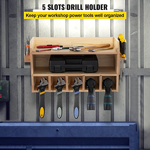 VEVOR Drill Charging Station, Power Tool Charging Station, 5 Drill Hanging Slots Drill Charging Station, 2-Shelf Cordless Drill Storage, Wall Mounted Power Drill Tool Storage Organizer Wooden