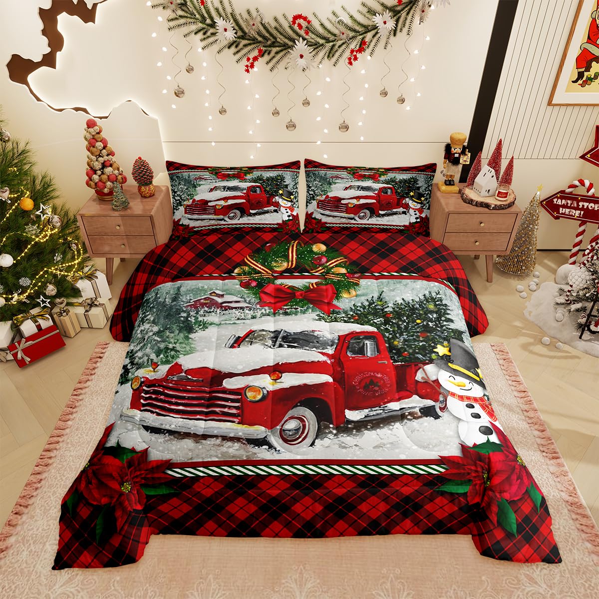 Homewish Christmas Truck Comforter Set Queen Size Kids Girls Boys Red Plaid Decor Pine Tree Bedding Set 3pcs Winter Snow View Quilt Set Happy New Year Gifts Duvet Insert with 2 Pillowcases