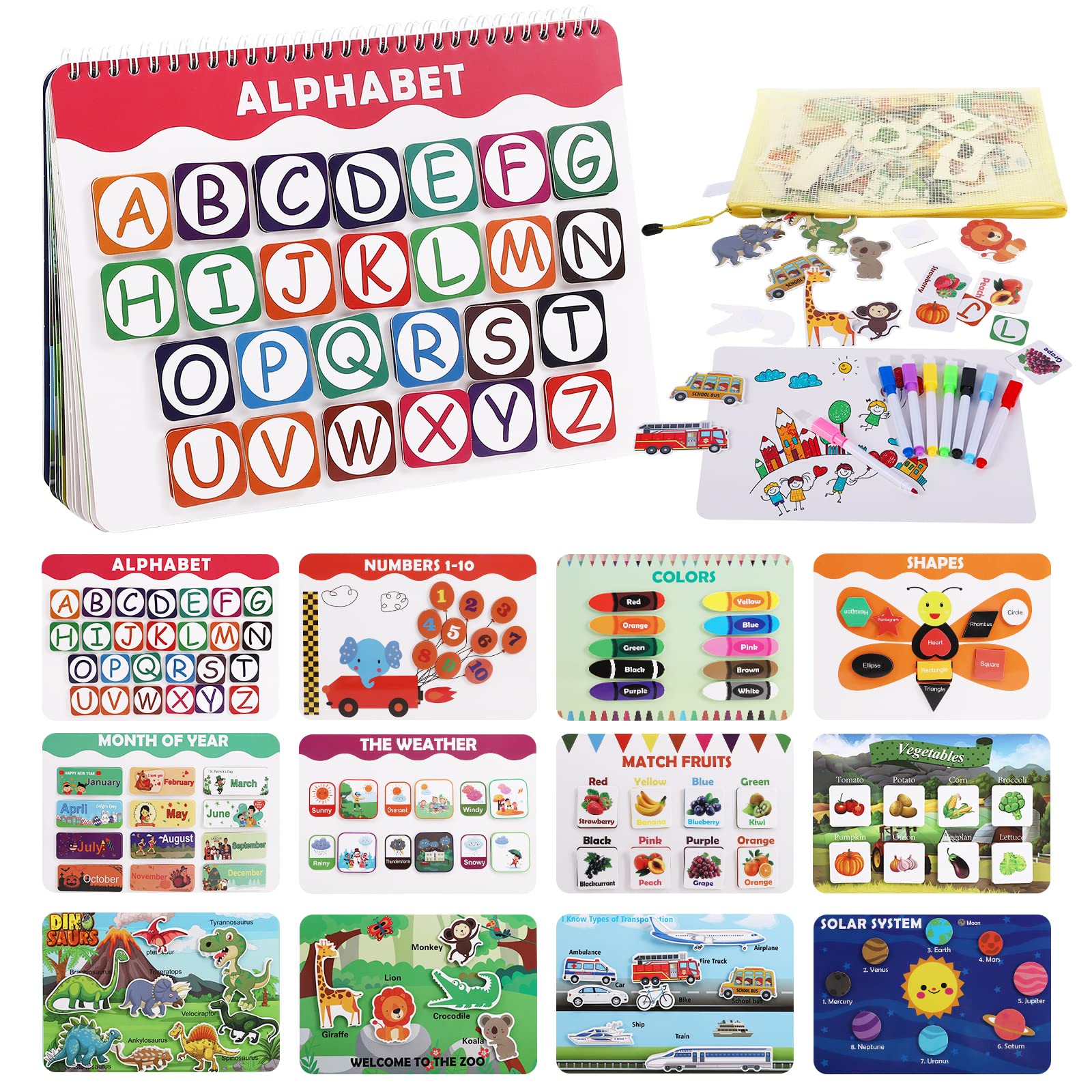 Montessori Busy Book for Toddler, Preschool Learning Activities & Educational Toys, 12 Themes Preschool Workbook Activity Binder, Autism Learning Materials and Travel Toys Books for 2 3 4 5 Year Olds
