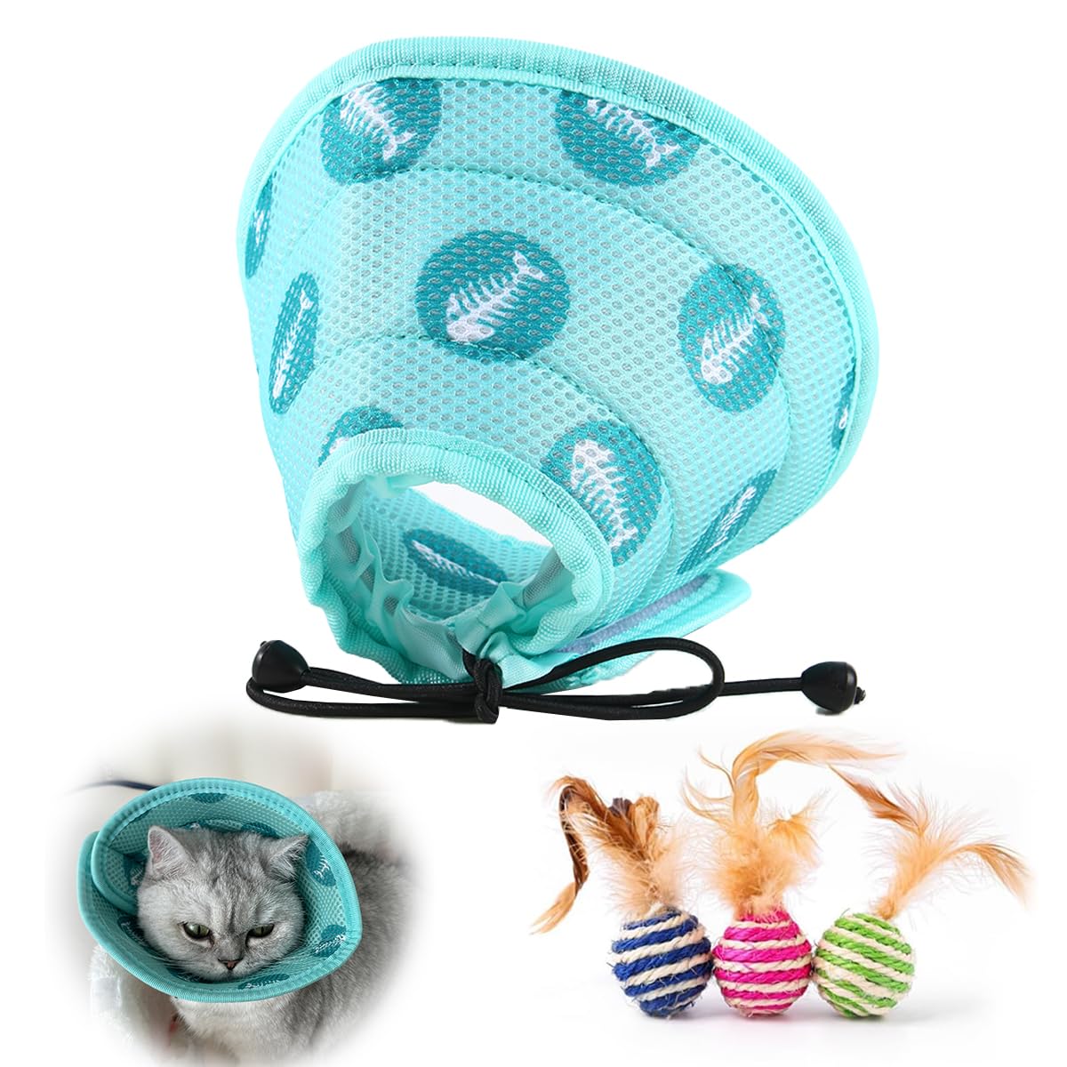 Fluffyland Cat Cone Collar Soft to Stop Licking and Scratching Adjustable Kitten Cone with Cat Toy Balls - Cat Recovery Collar for Small Large Cats After Surgery and Daily Wear (Green,S)