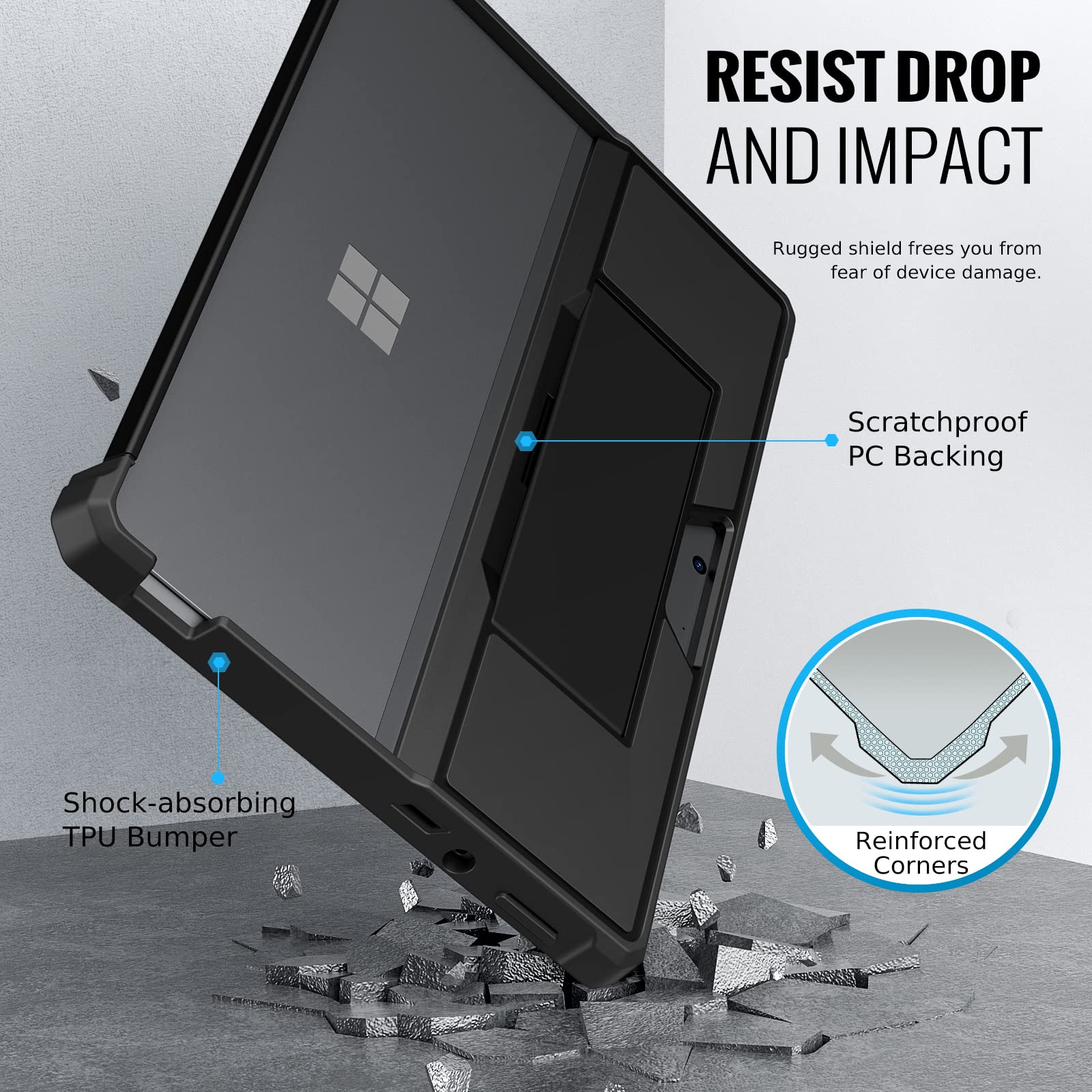 MoKo Case Fits Microsoft Surface Pro 8 13" Touchscreen 2021 Release Tablet, All-in-One Protective Rugged Cover Case with Hand Strap, Compatible with Type Cover Keyboard, Black