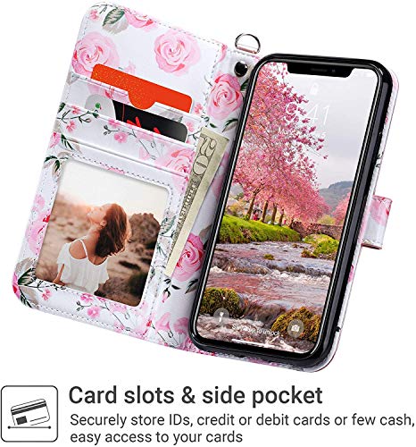 ULAK Compatible with iPhone XR Wallet Case for Women, Premium PU Leather Folio Flip Case with Card Holders Kickstand Wrist Strap, Shockproof Protective Phone Cover for iPhone XR 6.1 inch, Rose Gold