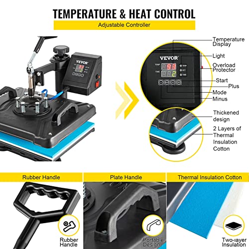 VEVOR Heat Press Machine, 12 x 15 Inch, 8 in 1 Combo Swing Away T-Shirt Sublimation Transfer Printer with Teflon Coated, Mug/Hat/Plate Accessories Included, ETL/FCC Certificated, Black