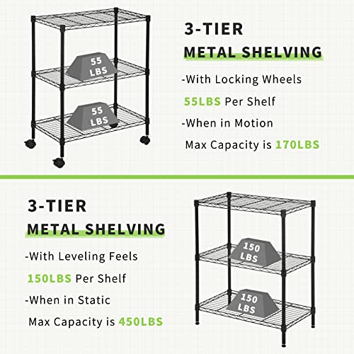 YYkokocat Wire Shelving 32" H x 23W x 13D Storage Shelf with Wheels Adjustable 3 Tier Metal Shelves Unit for Small Places Kitchen Storage Rack Shelf Organizer, 450Lbs Capacity, Black