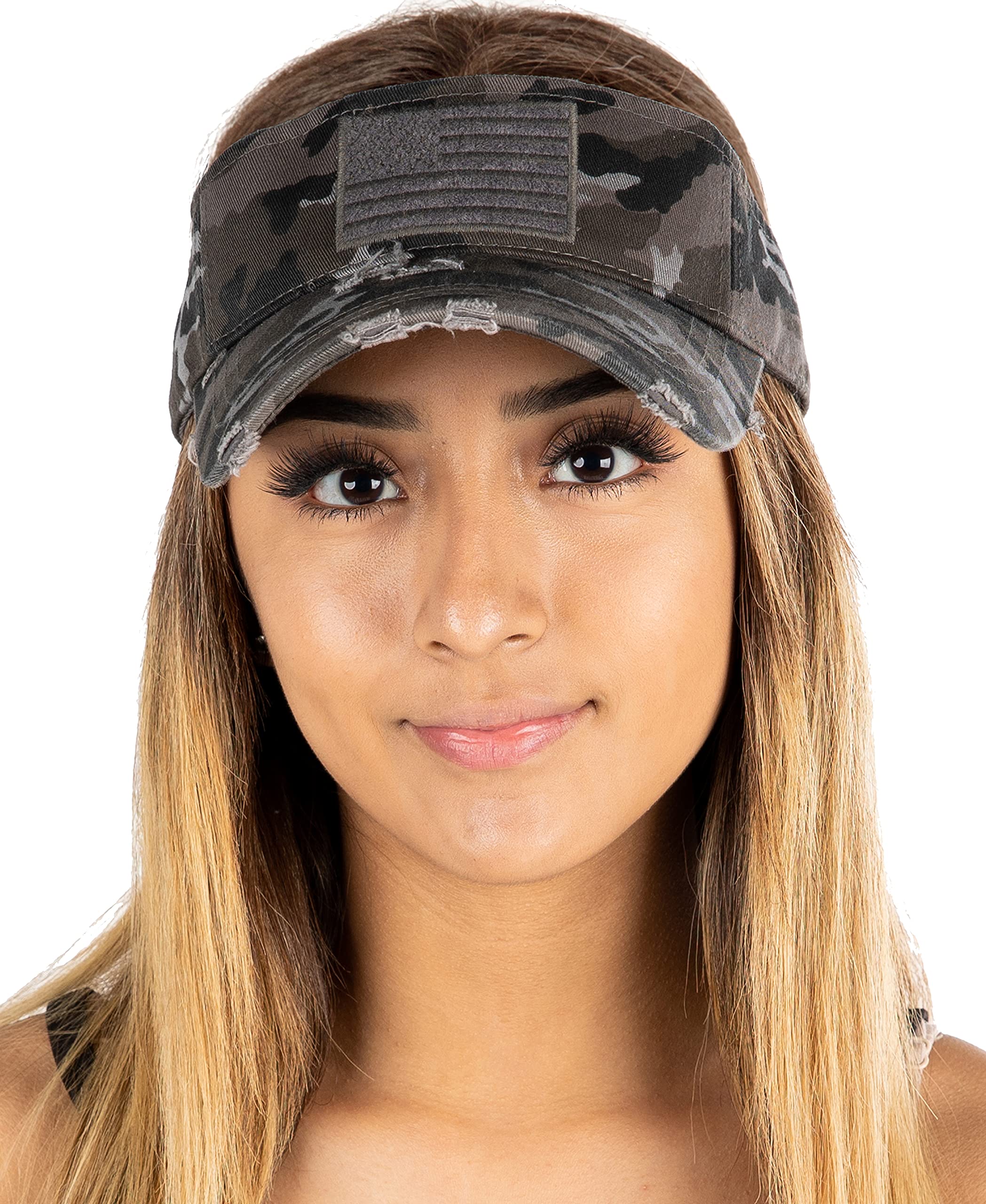 Vintage Distressed Visor Hat: American Flag - Black Camo