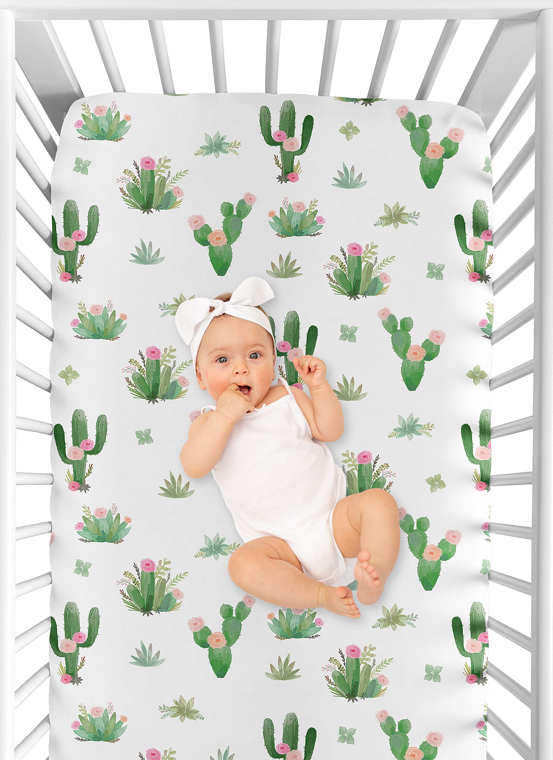 Pink Green Boho Watercolor Baby or Toddler Fitted Crib Sheet for Cactus Floral Collection by Sweet Jojo Designs