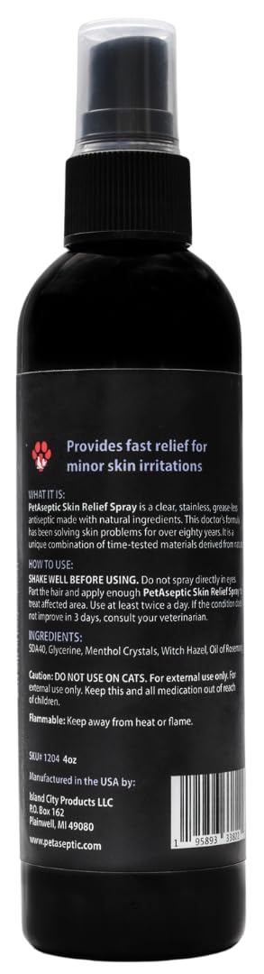 PetAseptic Skin Relief Spray for Dogs | Relieves Dry Itchy Skin, Hot Spots, Dandruff, Allergy Dermatitis, & Skin Rashes | Clear, Stainless, & Greaseless | Provides Fast, Temporary Relief | 4oz Spray