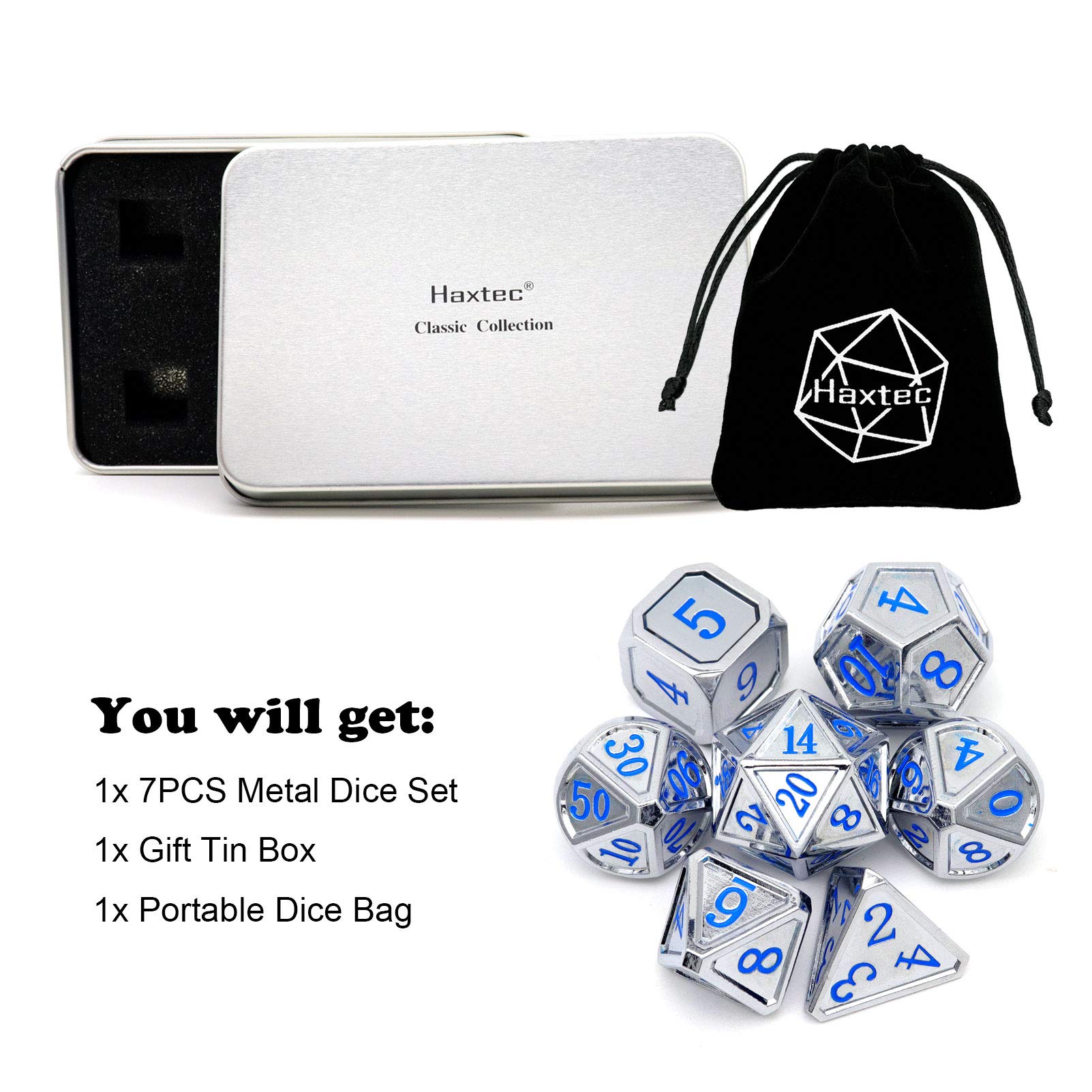 Haxtec Metal DND Dice Set Silver W/ Gift Metal Case D&D Polyhedral Dice for Dungeons and Dragons TTRPG-Silver Blue Numbers