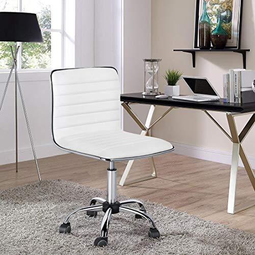 Yaheetech Adjustable Task Chair PU Leather Low Back Ribbed Armless Swivel White Desk Chair Office Chair Wheels