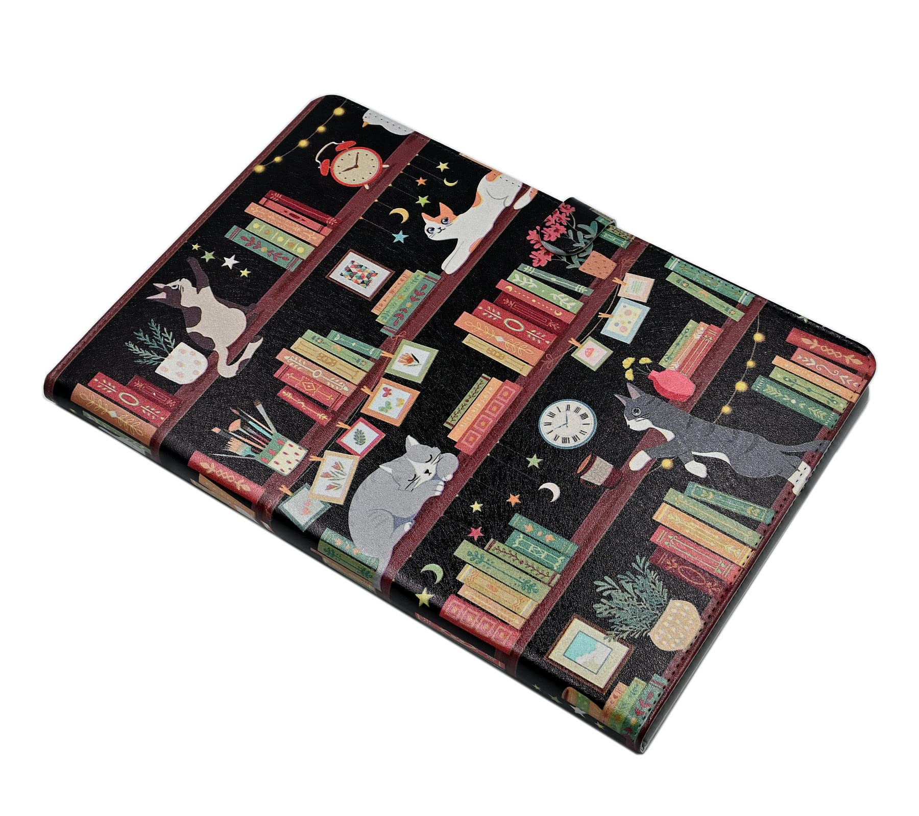 YOYOYX Case for All-New Kindle Fire HD 10 & 10 Plus Tablet (11th Generation, 2021 Release), Book Lovers Design PU Leather Folio Multi-Angle Stand TPU Back Cover, Cat Bookshelf