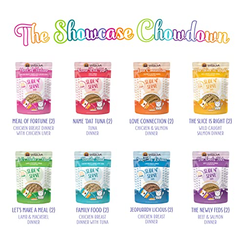 Weruva Slide N' Serve Paté Wet Cat Food, The Showcase Chowdown Slide N' Serve 2.8oz Pouch Variety Pack of 16, Multi Color