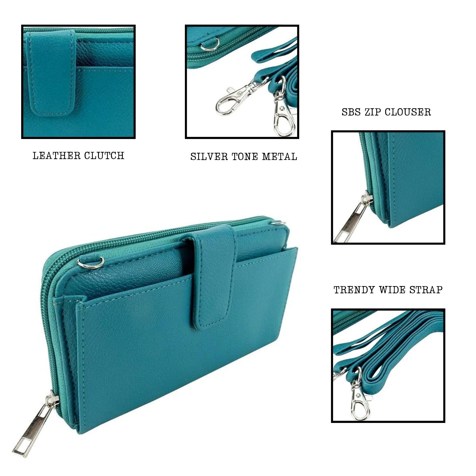RFID-Blocking Purse - Womens Wallets RFID Blocking - Womens Crossbody Leather Purse - Zip Around Womens Clutch Wallet - Teal, L9312