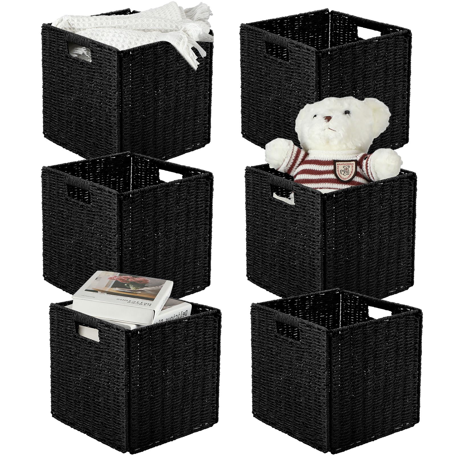 Bucherry 6 Pcs 11.8 x 11.8 x 11.8 Inch Wicker Storage Basket Cubes Large Handwoven Foldable Storage bins for Shelves Woven Storage Baskets for Pantry Laundry Bedroom Living Room (Black)