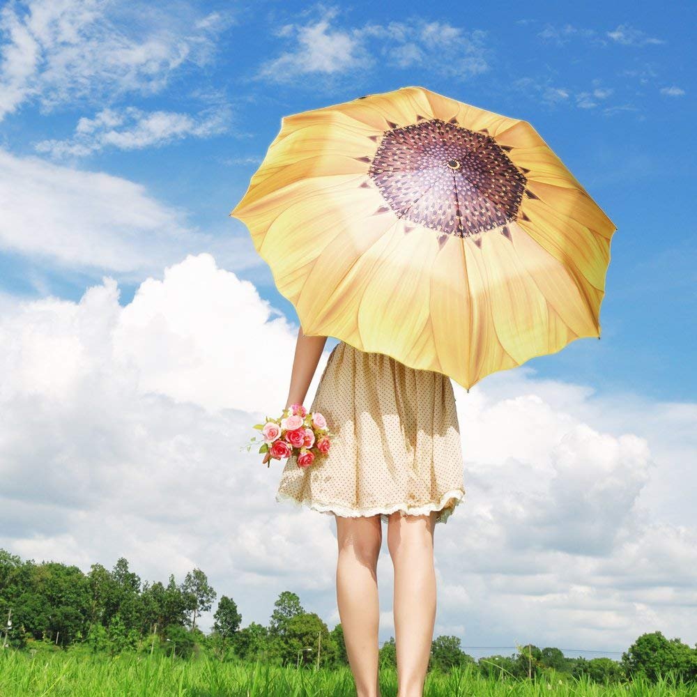 YumSur Automatic Umbrellas - Windproof Lightweight Travel Compact Folding Umbrella Sunflower Design, Reinforced Canopy, Auto Open/Close, for Business and Travels or Summer Wedding Gifts