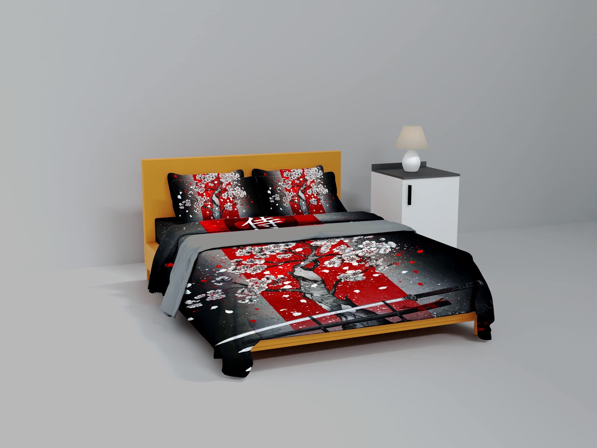 Japanese black white ink style Samurai sword red Sakura 3D print Duvet Cover Queen Size Ultra Soft and Breathable Bedding Comforter Cover Set 3 Pieces with Zipper Closure Duvet Cover & 2 Pillow Shams