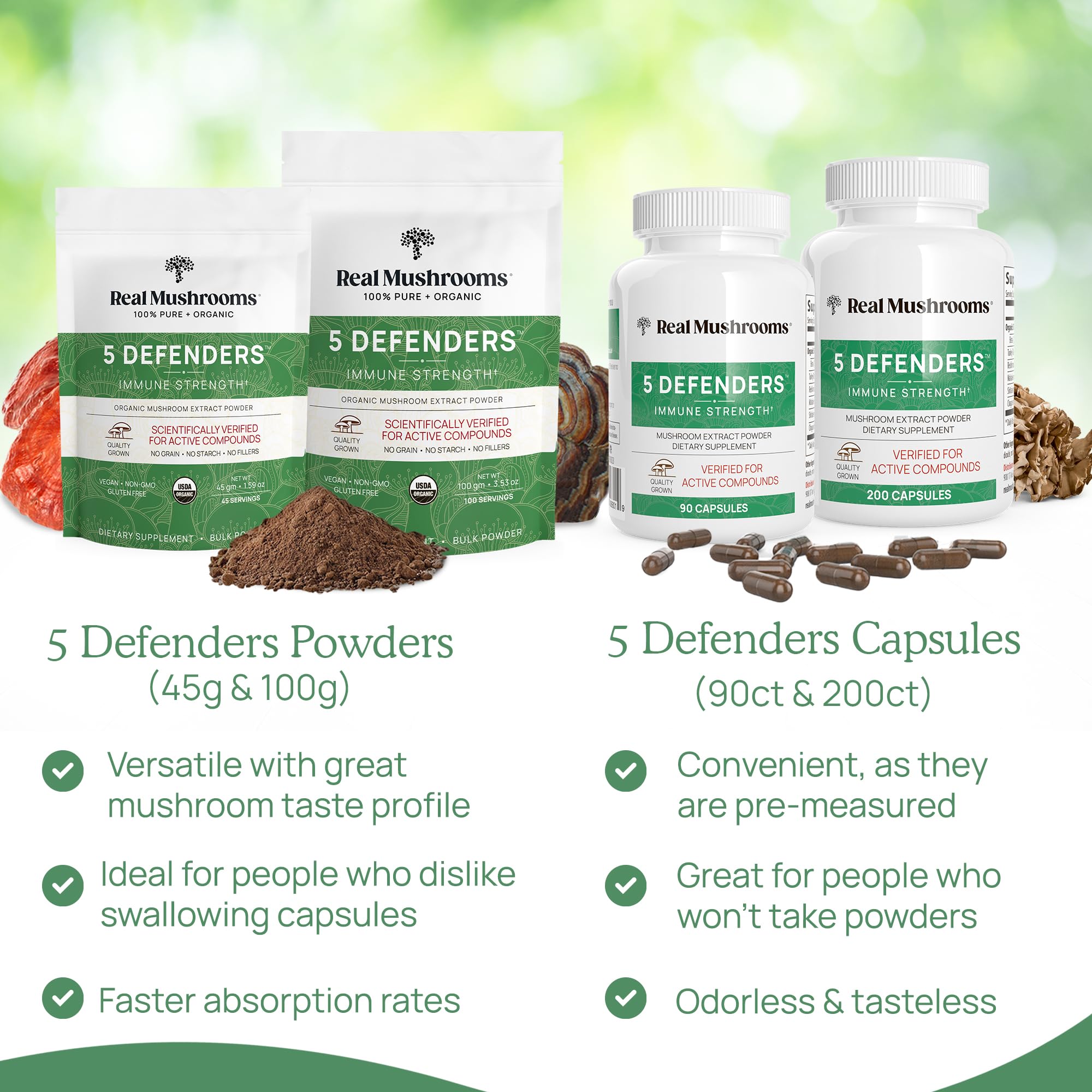 Real Mushrooms Turkey Tail (45g) and 5 Defenders (45g) Mushroom Extract Powder Bundle - Mushroom Supplement for Immune Strength - Vegan, Non-GMO Immunity Supplement