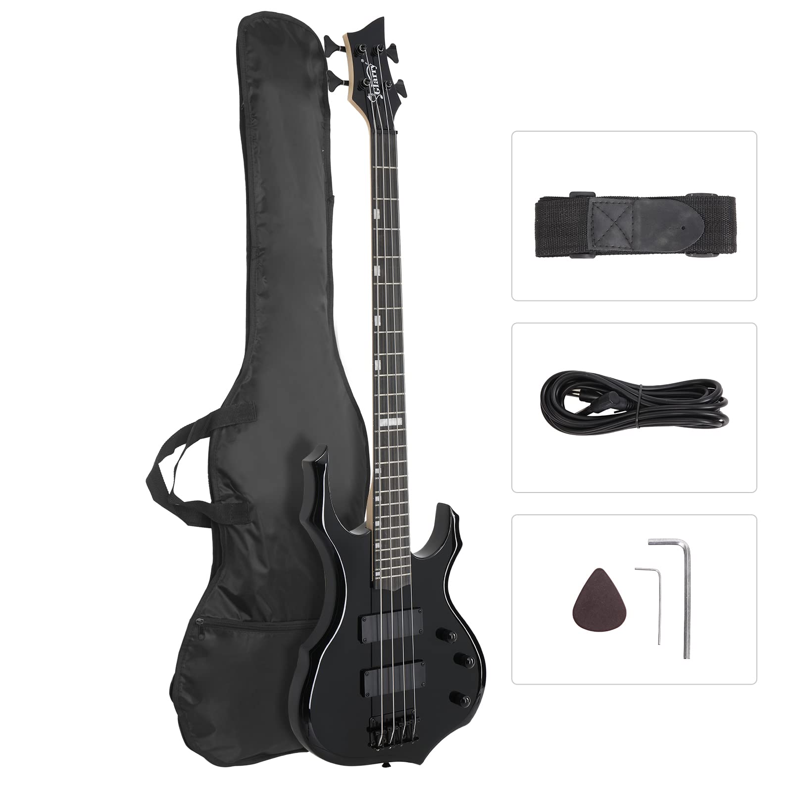 GLARRY Electric Bass Guitar 4 Strings Buring Fire Style HH Pickups for Beginner Adults Right Hand Amp Cable, Bag, Strap and Cord (Sunset)