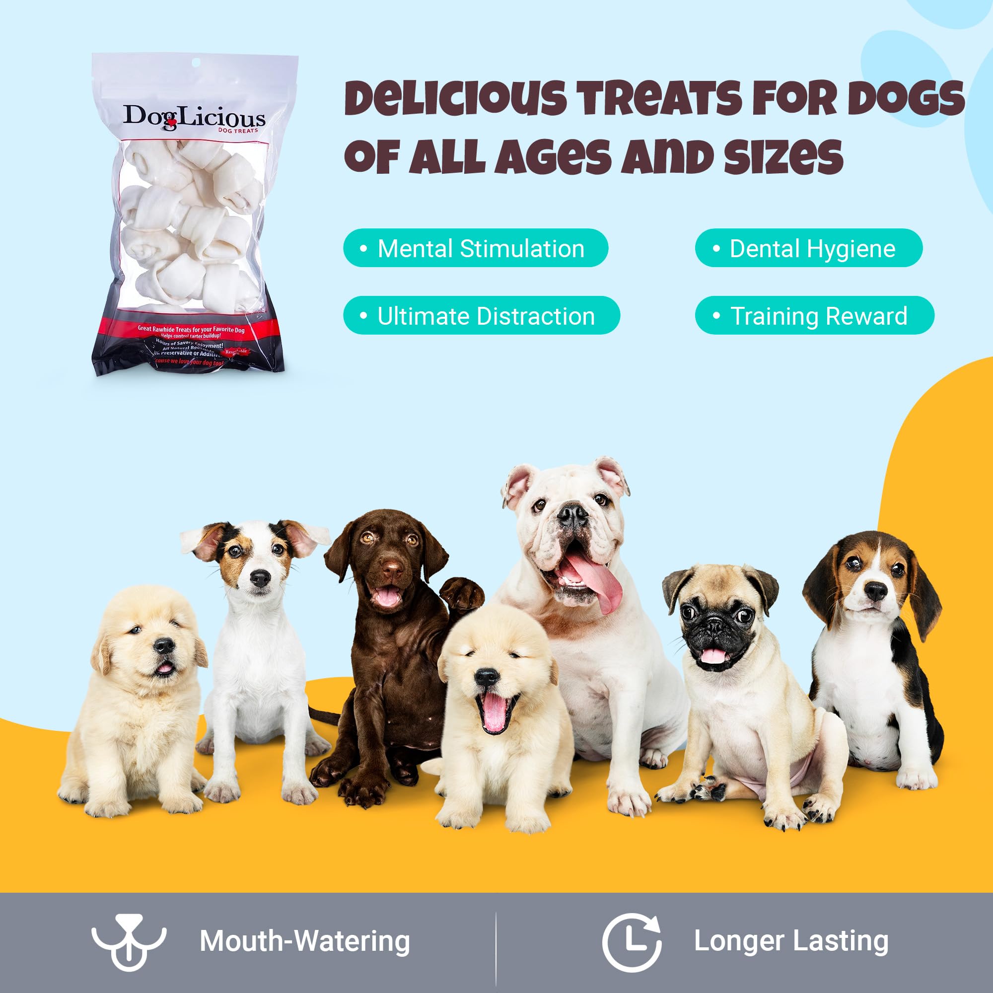 DOG-LICIOUS Dog Natural Rawhide Bones, Dog Chew Treats, Long Lasting Dog Chews, Knotted Bones 4β-5β (50873)