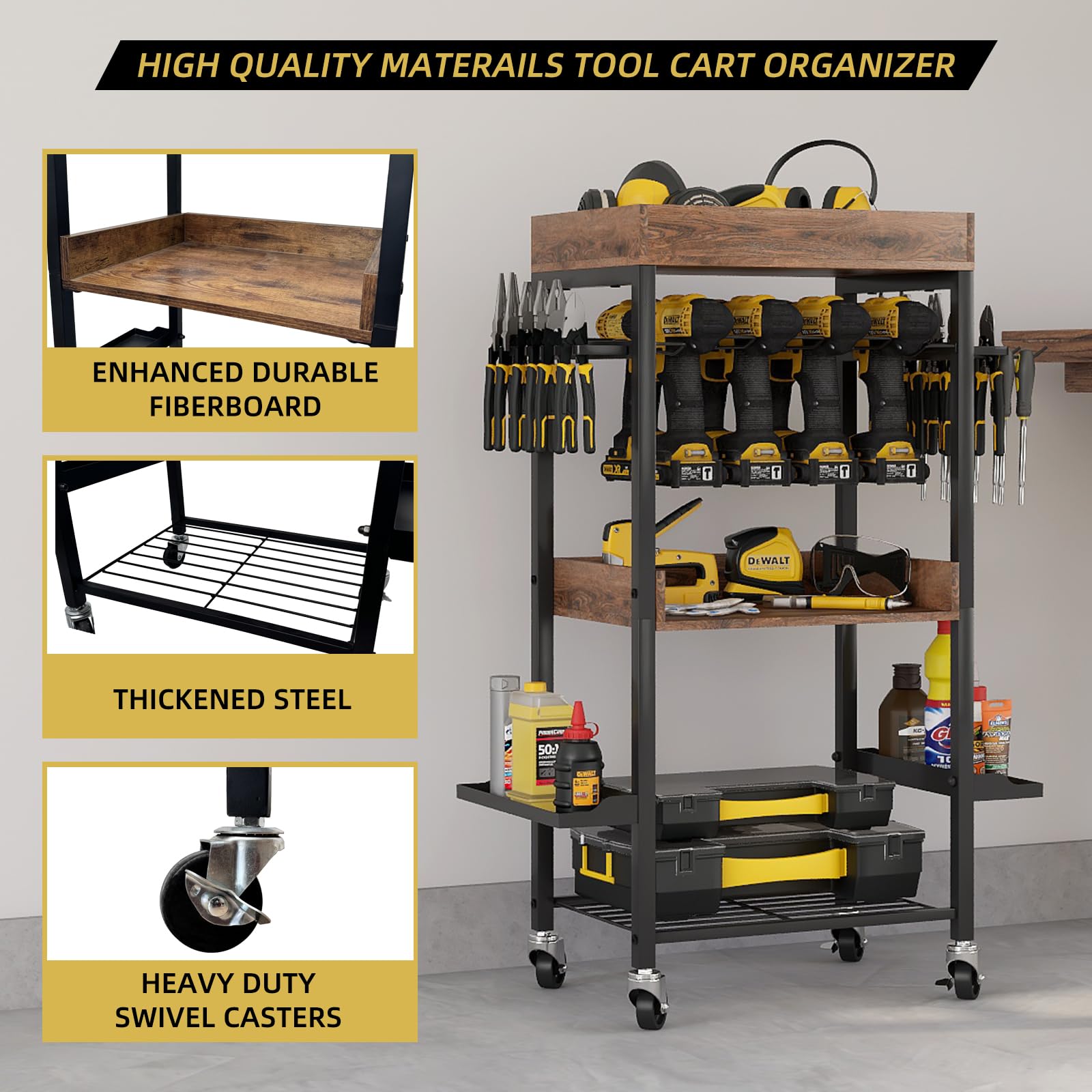 Power Tool Organizer Cart, Metal Rolling Tool Chest with Wheels, 4 Layer Garage Tool Storage Organization Shelving, Movable Drill Rack Tool Holder for Workbench, Workshop and Garage
