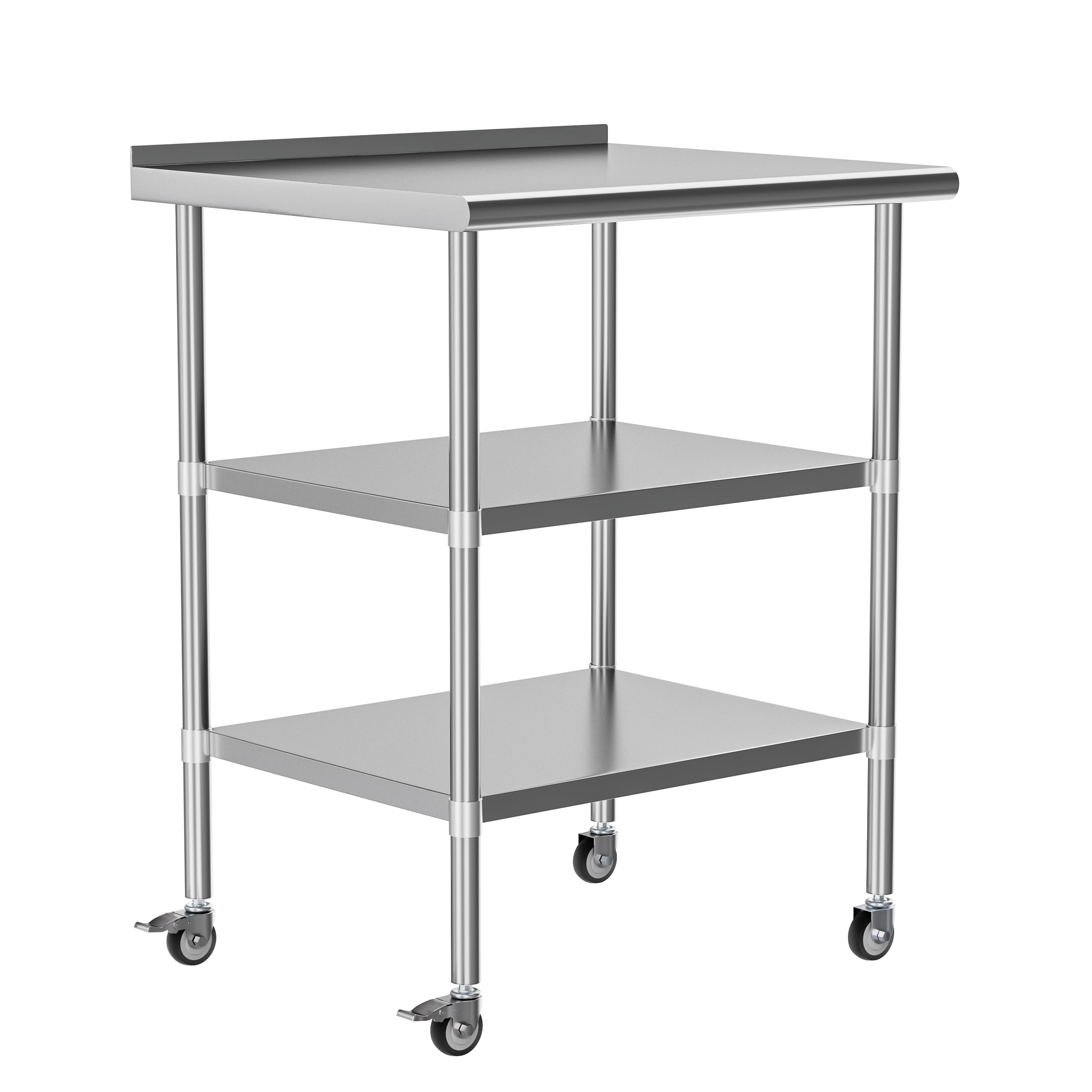 Chingoo Stainless Steel Table with Wheel Caster 24 x 36 Inches Metal Prep Table with 2 Adjustable Undershelves & Backsplash, Stainless Steel Work Table for Commercial Kitchen, Outdoor, Restaurant