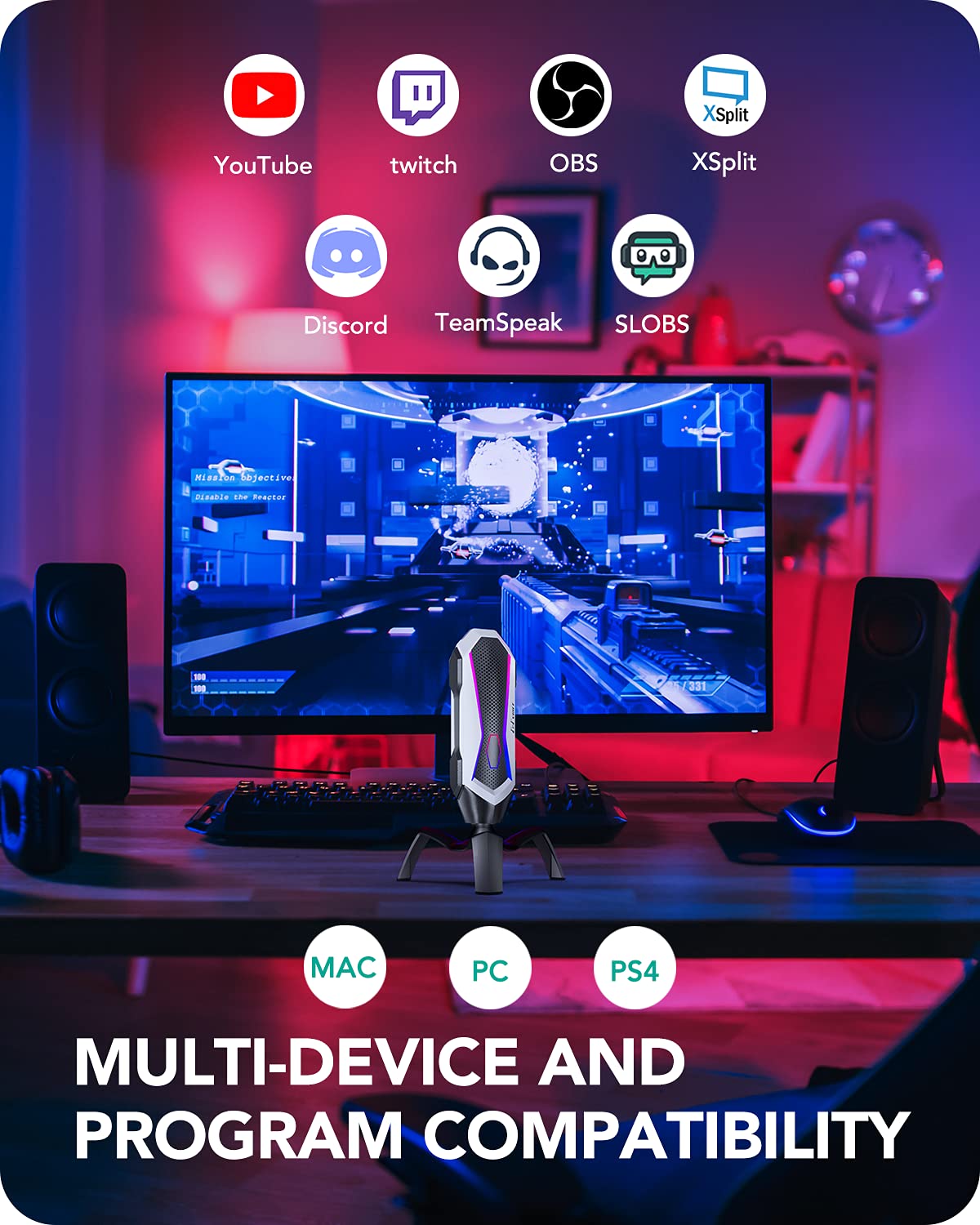 PoP voice USB Microphone, Condenser Gaming Mic for PC, PS4 and Mac, with Tap-to-Mute Sensor and Tripod Stand, Best for Games, Streaming, Podcasts, Twitch, YouTube, Discord, OBS, TeamSpeak