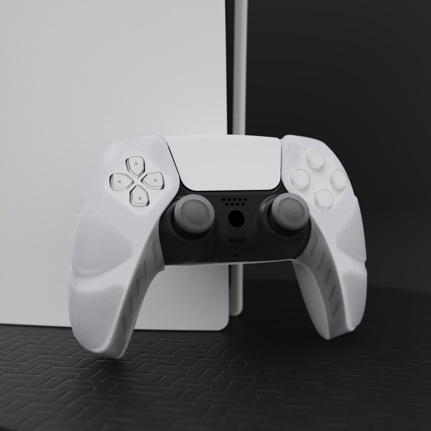 PlayVital Mecha Edition Clear White Ergonomic Soft Controller Silicone Case Grips for ps5, Rubber Protector Skins with Thumbstick Caps for ps5 Controller - Compatible with Charging Station