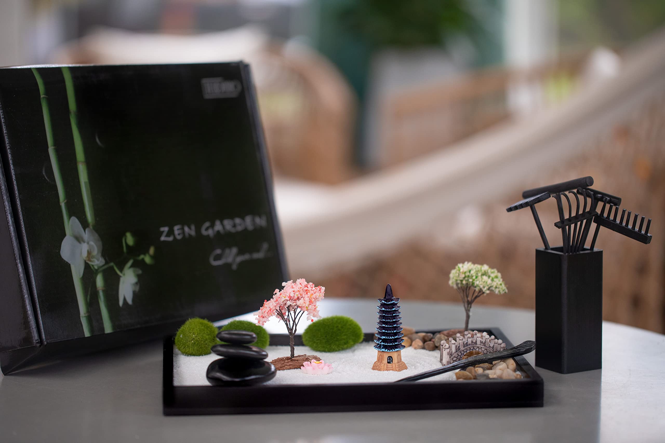 Zen Garden for Desk – 21pc. Japanese Zen Sand Garden Kit for Home, Office Desktop, Beautiful Gift, Therapy, Meditation Mini Decor Set– 11x8in. Large Sand Tray, Rocks, Black Rake Tools & Accessories