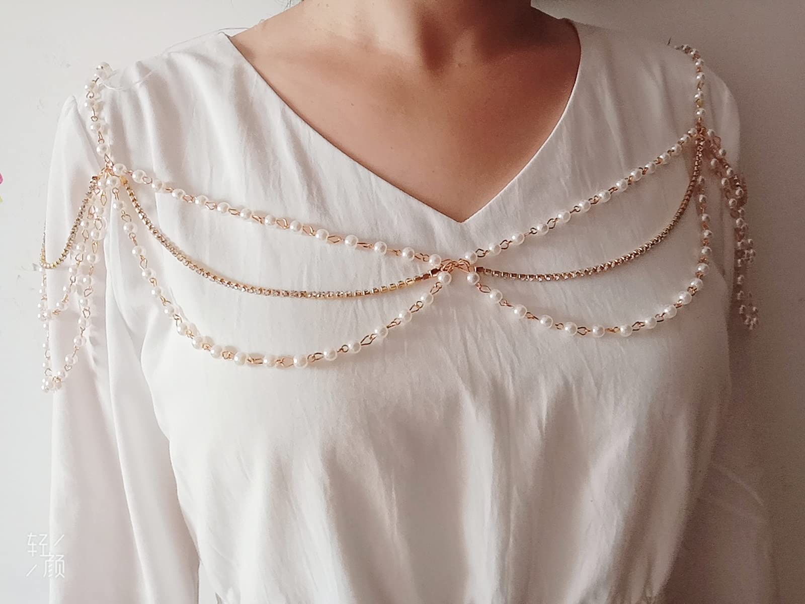 HLONGG Baidicheng Crystal Shoulder Chain Bridal Luxury Rhinestone Wedding Shawl Prom Shawl Party Beaded Shrug Gorgeous Body Chain, White,White
