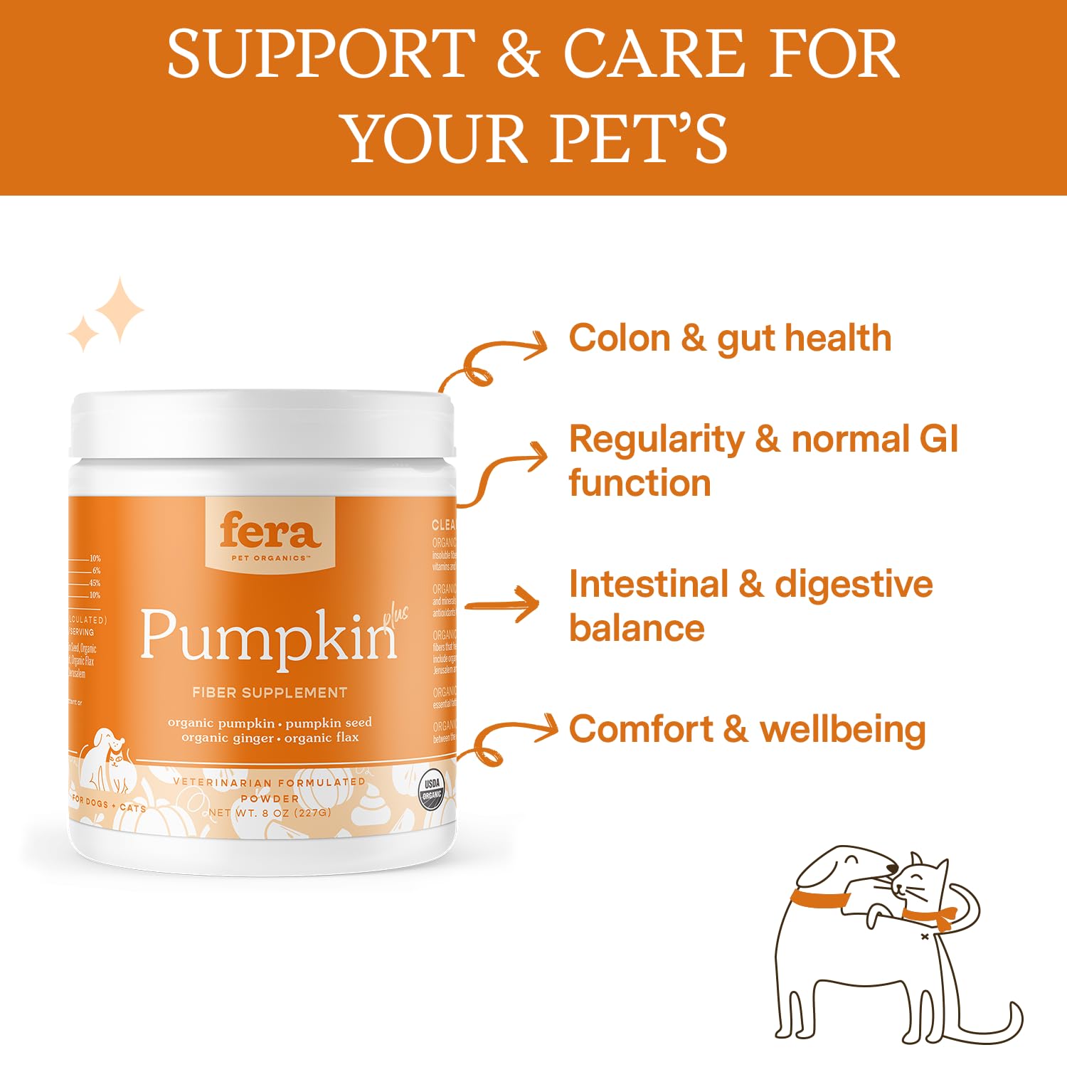 Fera Pet Organics Pumpkin Plus Fiber Supplement for Pets - Vet Created - Dog & Cat Regularity & Gut Function - Organic Pumpkin Seeds, Flax Seeds - 90 Scoops