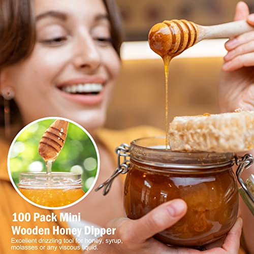 WEFOO 100 Pack Mini 3 Inch Portable Wooden Honey Dipper Sticks for Honey Jar Dispense Drizzle Honey, Wedding Party Favors