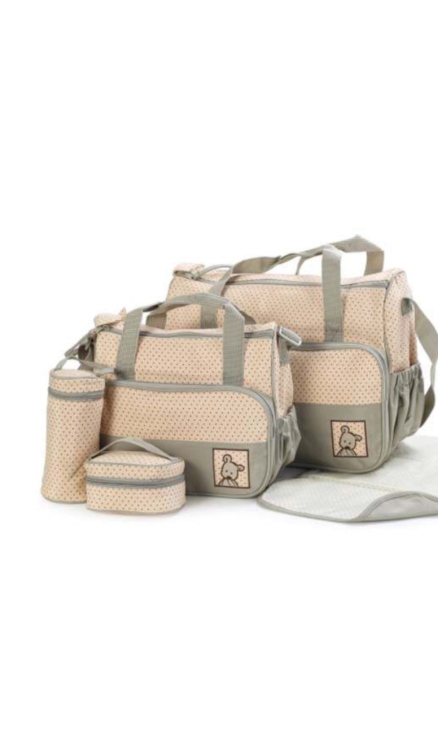 Diaper Bag, RoyalBaibei large travel diaper tote multifunction for mom and dad, 5 pieces Waterproof bag for boys and girls with changing pad, pacifier case and insulated pockets (Classic Khaki)