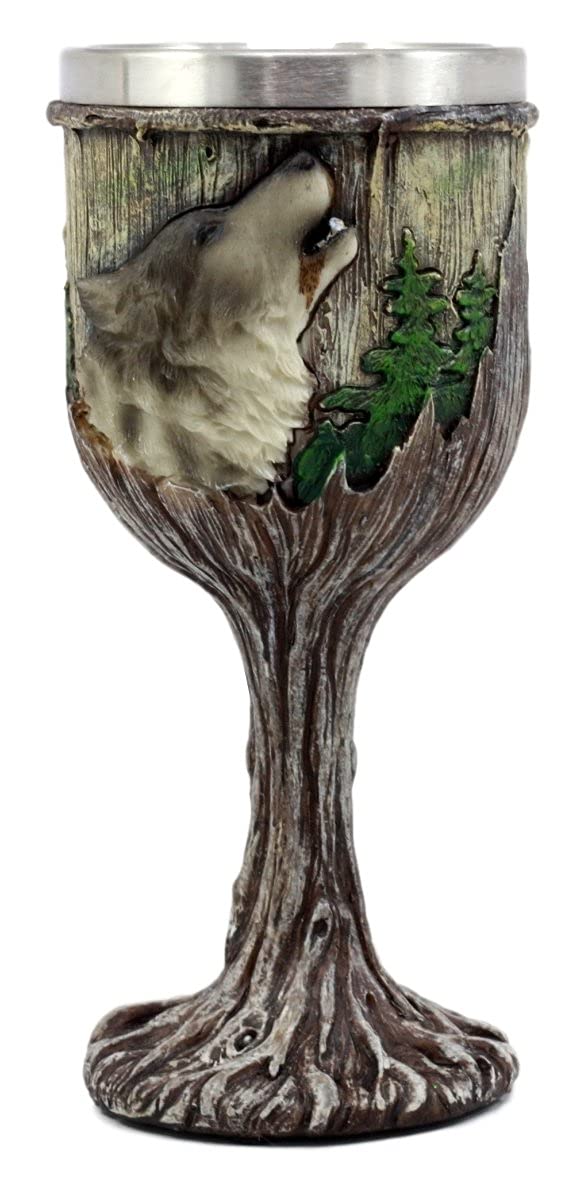 Ebros Gift Mystical Howling Gray Wolf Wine Goblet 7oz Chalice Cup In Rustic Wood Bark Roots Design