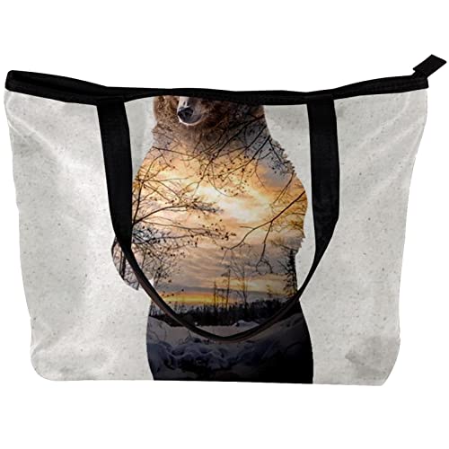 Women's Large Size Canvas Shoulder Bag Hobo Crossbody Handbag Casual Tote, big bear animal forest
