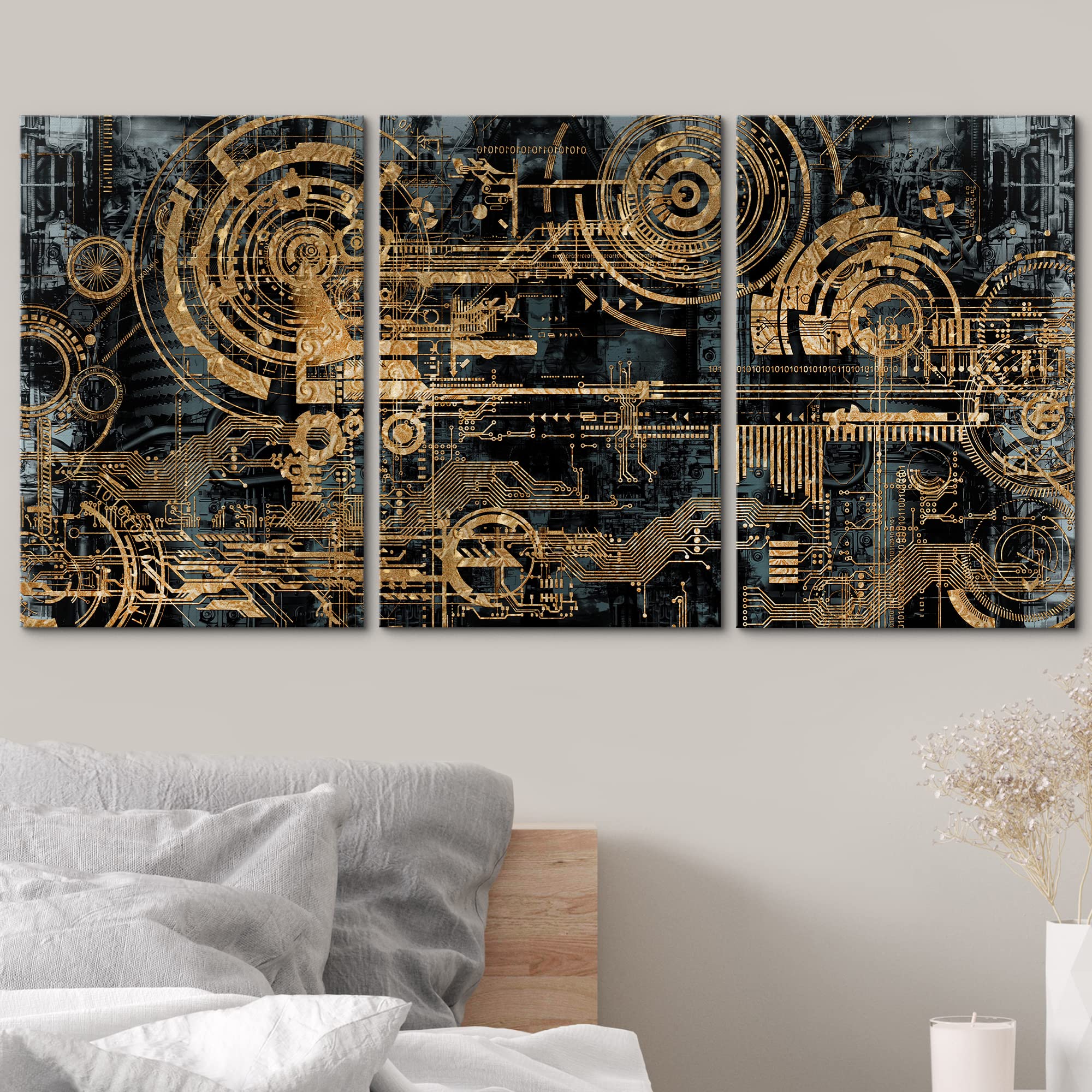wall26 - 3 Piece Canvas Wall Art - a Technically Electronic Background with Device Objects - Modern Home Art Stretched and Framed Ready to Hang - 24"x36"x3 Panels