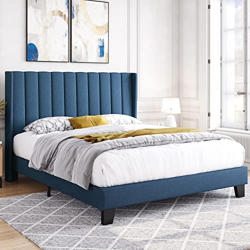 Yaheetech Upholstered Platform Bed with Wing Edge Channel Tufted Headboard Mattress Foundation/Heavy Duty Wooden Slat Support/No Box Spring Needed, Easy Assembly, Navy Blue, Queen Size