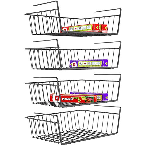 Under Shelf Basket, iSPECLE 4 Pack Under Cabinet Organizer Easy to Install and Use Versatile Metal Pantry Organizer Add Storage to Kitchen Cabinet Pantry Cupboards and Shelves, Black