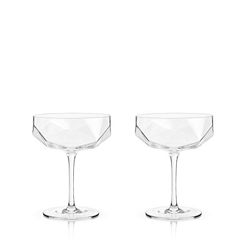 Viski Faceted Coupe Glasses set of 2, Champagn, Martini, Wine, Crystal Cocktail Glasses for Bar, Drinking Glass Set of 2, 7oz