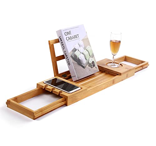 Utoplike Bamboo Bathtub Caddy Tray Bath Tray for Tub, Adjustable Bathroom Bathtub Organizer with Book Tablet Wine Glass Cup Towel Holder,Distinctive Gift for Christmas