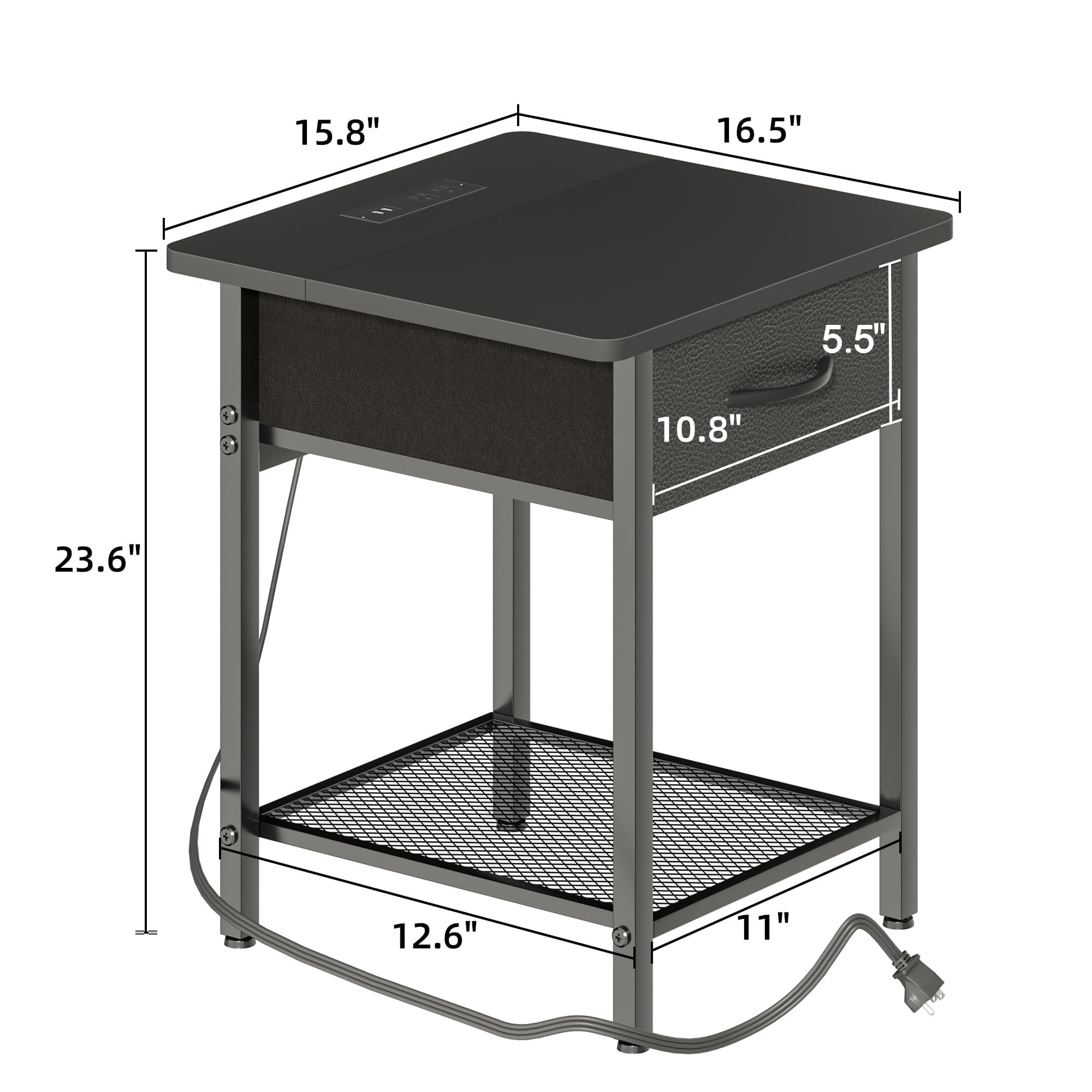 GYIIYUO Nightstands Set of 2 with Charging Station and Fabric Storage Drawer,16.5" x 15.8" Side Table with Storage for Bedroom, Bedside Tables with Steel Fram, Black
