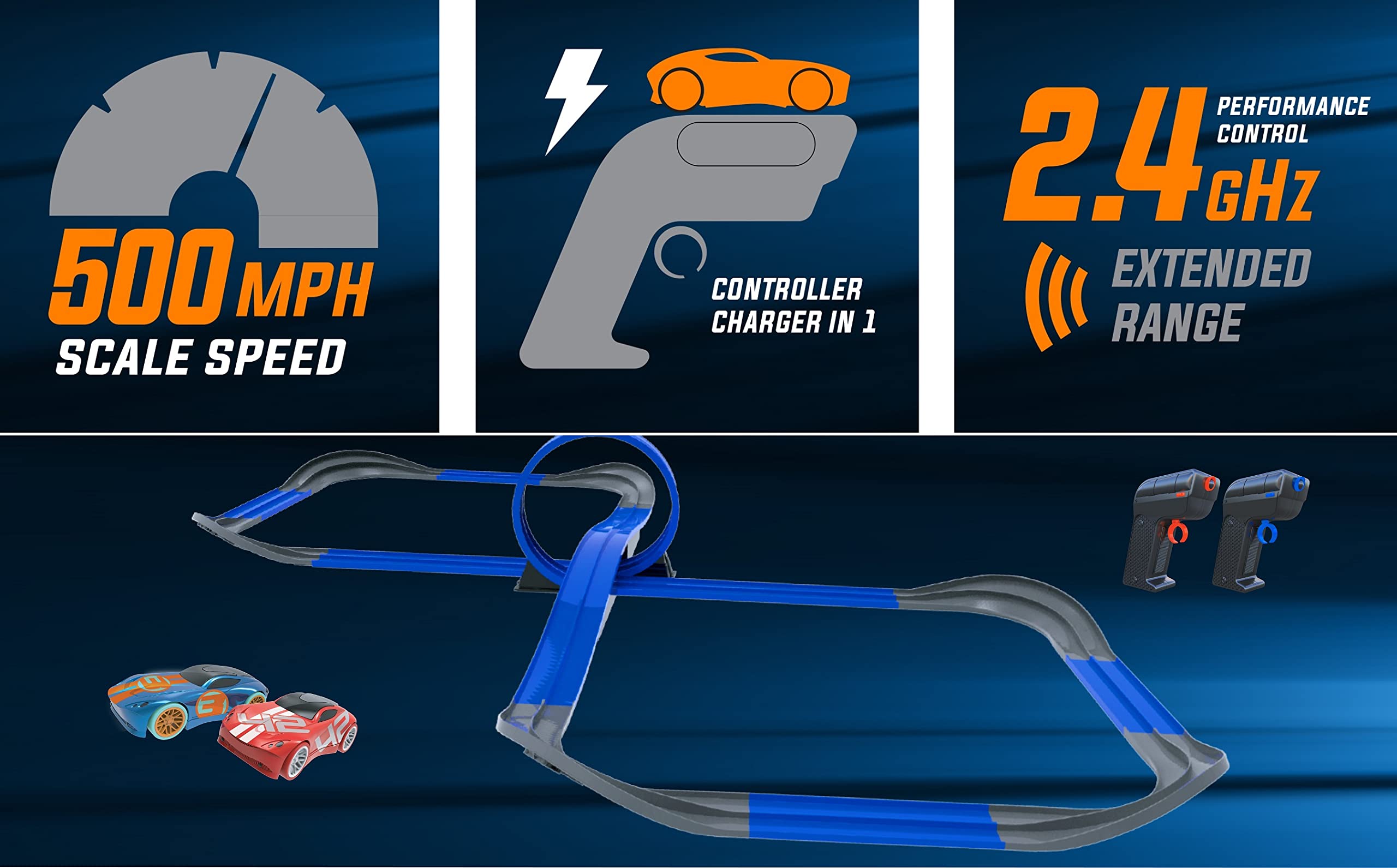 Tracer Racers Remote Control Cordless Glow in The Dark High-Speed Super 8 Speedway Track Set with Two Cars for Dual Racing, Glow Blue